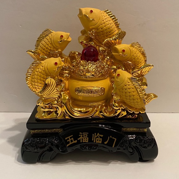 Accents | Feng Shui Fortune Gold Infinity 5 Fishes Wtreasure Pot On ...